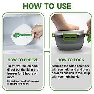 BOKZEN Freezer Bento Box, Salad Lunch Containers with Built-In Ice Pack & Fork for Food Freshness, 1.2L 4-Compartment Leakproof Chill Bento Lunch Box for Adults