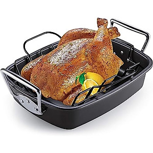 Cook N Home Nonstick Roasting Pan Bakeware Roaster with Rack, 17x13-inches, Black