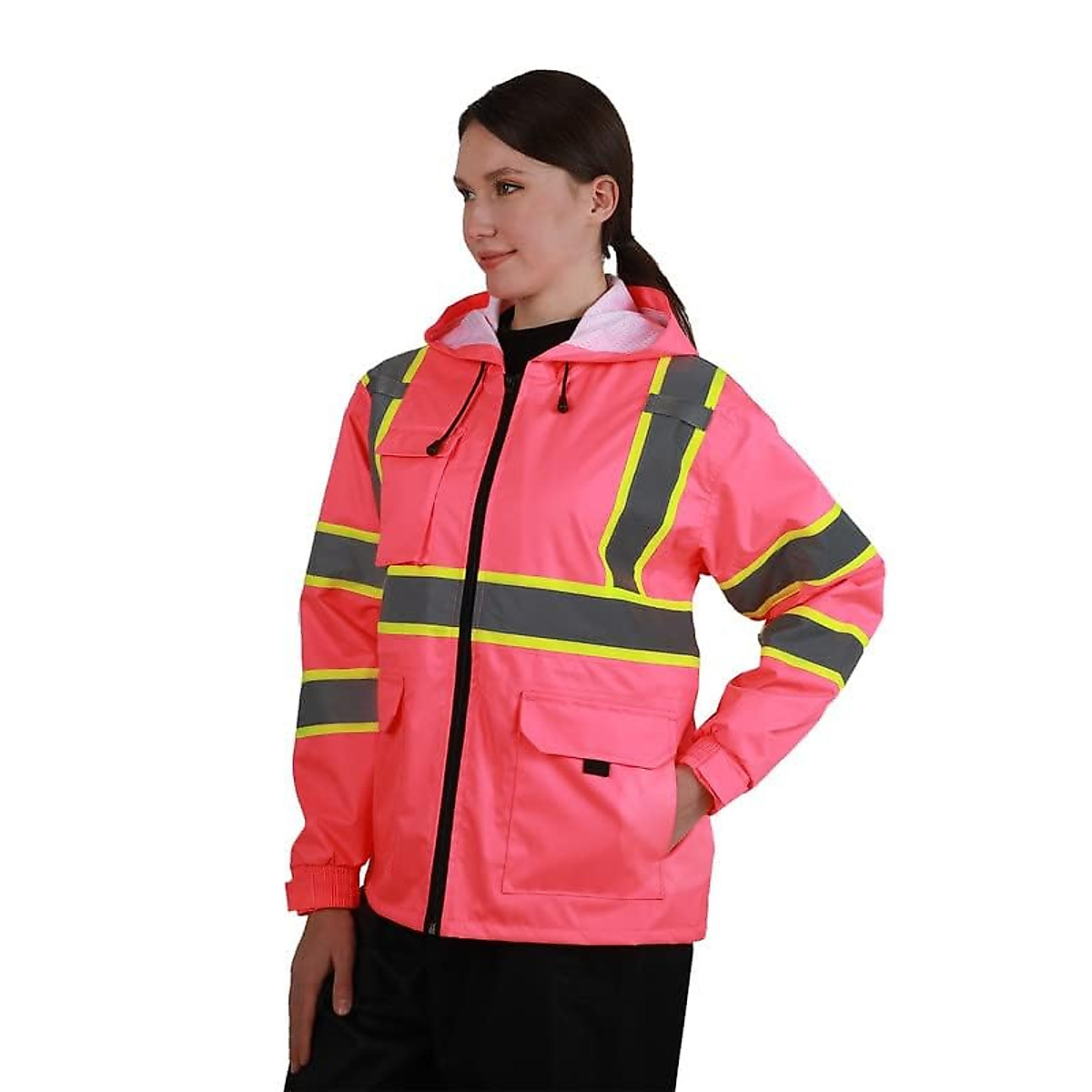 ZUJA High Visibility Bomber Safety Jacket ANSI Class 3 Reflective Jacket Pocket and Zipper Reflective Hoodie Windproof Hi Vis Rain Jacket for Men & Women (Pink, M)