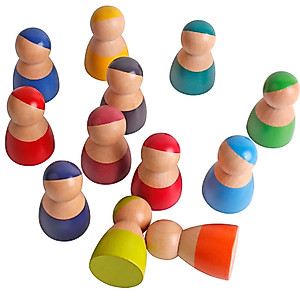 Dinhon 12 Wooden Rainbow Dolls Friends Toys Toddler Wooden Peg Bodies Baby Kids Wooden Pretend Play for Toddlers People Figures Shape Preschool Learning Educational Toys Montessori Toys