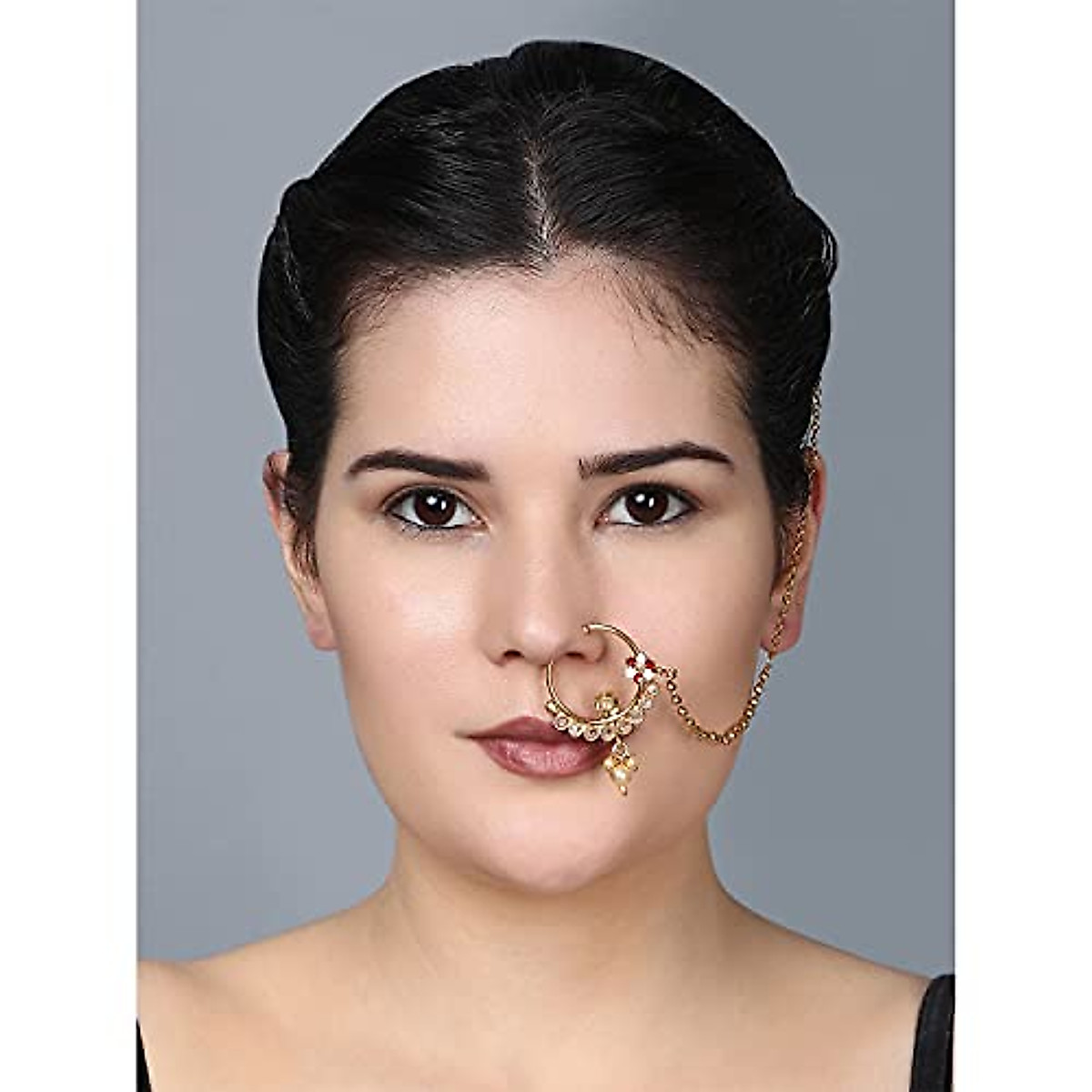 Efulgenz Indian Jewelry Kundan Crystal Nose Ring Hoop Pin Stud Fake Septum Ring with Chain Nose to Ear Chain Non Piercing Body Jewelry