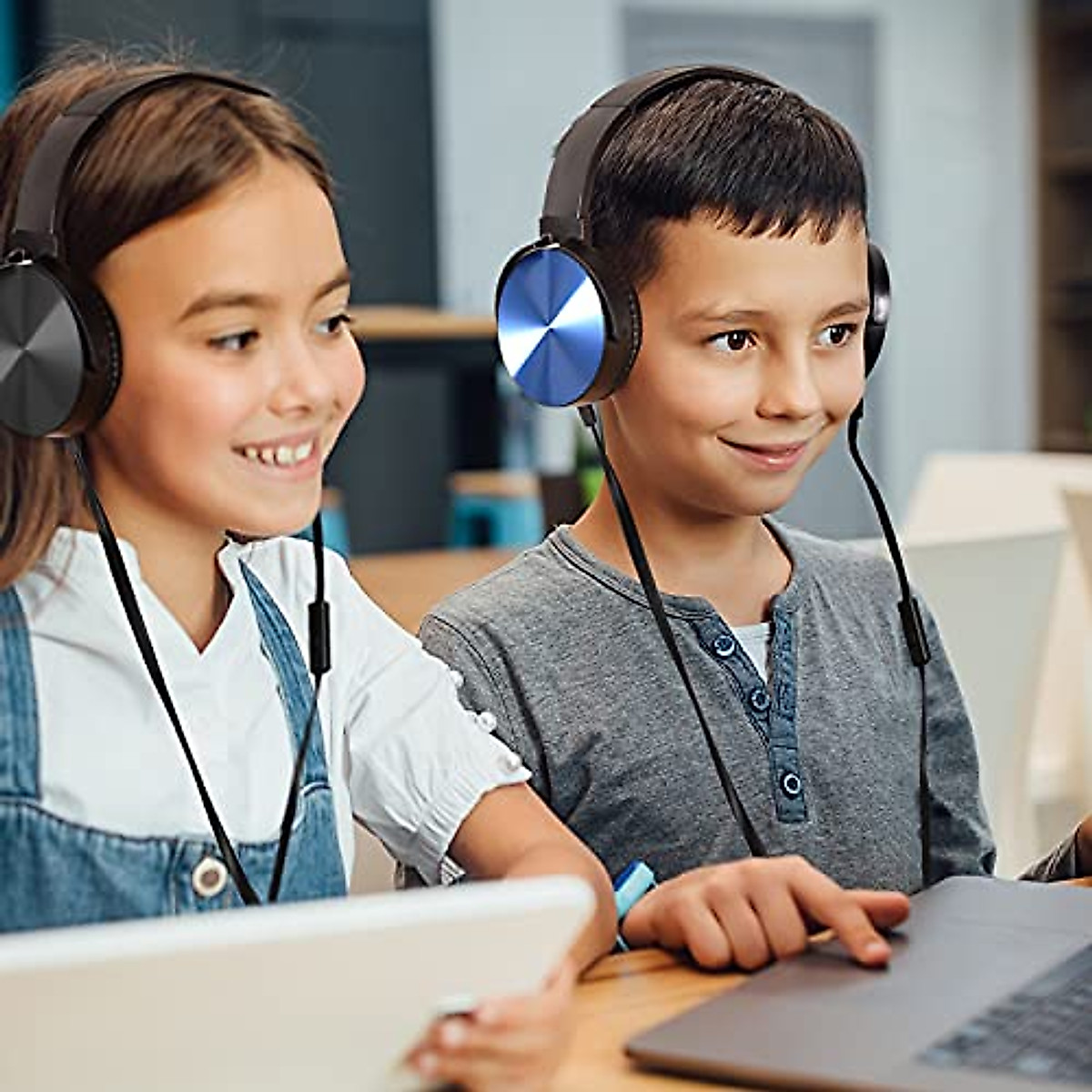 Classroom Headphones With Microphone Bulk 10-Pack, Student On Ear Comfy Swivel Earphones for Library, School, Airplane, Online Learning and Travel, HQ Stereo Sound 3.5mm Jack (Colored With Microphone)