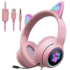 MIDOLA Gaming Wired AUX 3.5mm Cat Ear Headphone Over Ear LED Light Fit Adult & Kids Girl Boy Foldable Stereo Headset Earmuffs with Mic for PC PS4 Game Cellphone Laptop Pad Pink