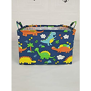 ACMUUNI REC Canvas Clothes Basket Laundry Hamper with Handles Waterproof Cotton Storage Organizer Perfect for Kids Boys Girls Toys Nursery Gift Basket (REC blue dinosaur)