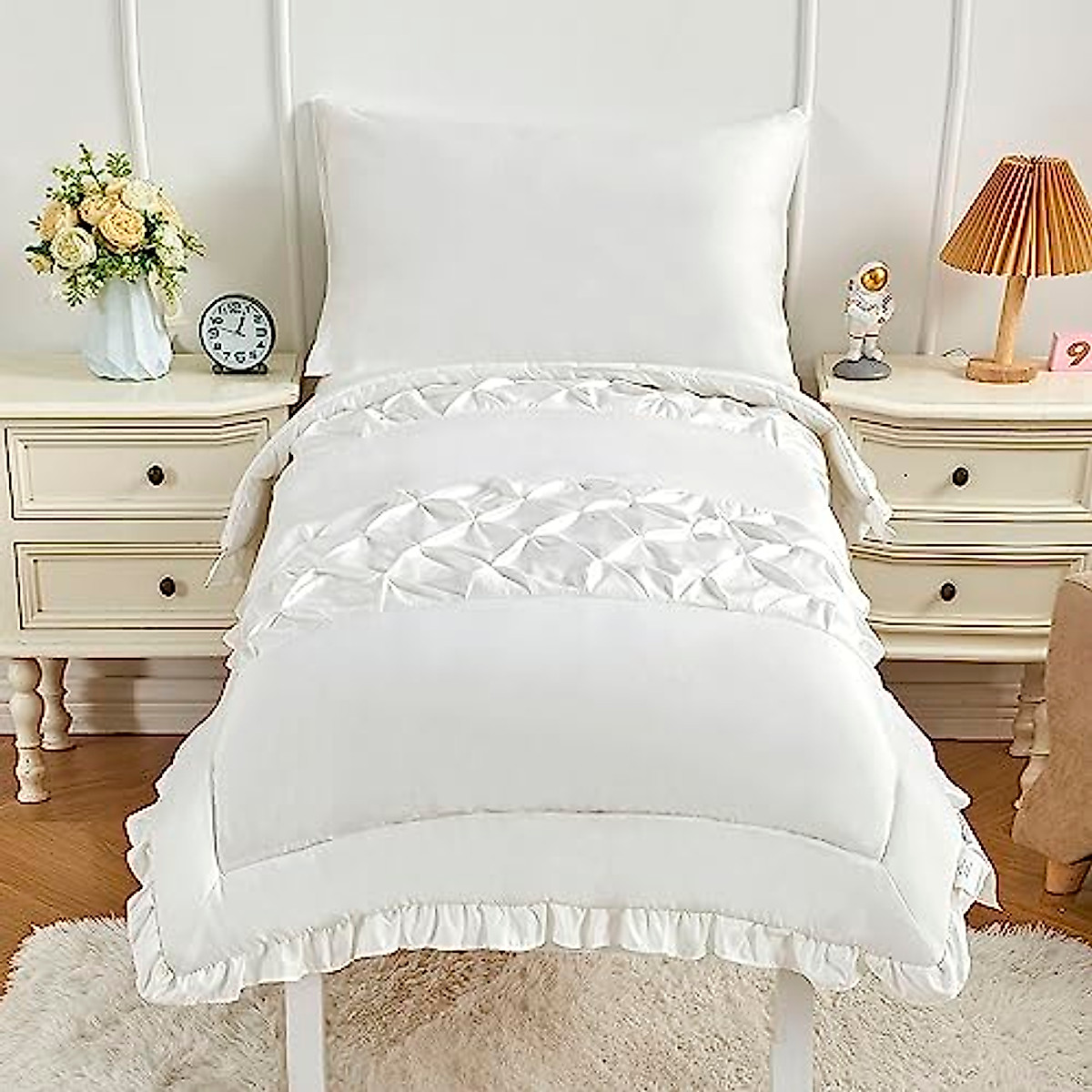 Toddler Bedding Set for Girls 4 Piece white Pinch Pleated Ruffle Fringe Pintuck Toddler Bed Comforter Sheet Set for Kids Bed-in-a-Bag Quilt Crib Set with Comforter,Flat Sheet,Fitted Sheet,Pillowcase