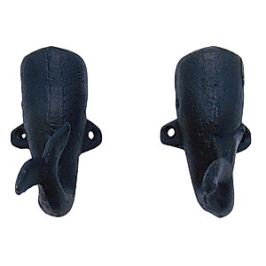 Dark Blue Whale Cast Iron Wall Hooks, Wall Mounted for Hanging Coats, Purses, Towels, Hats, Beach Themed Wall Décor, Set of 2, 4 Inches High