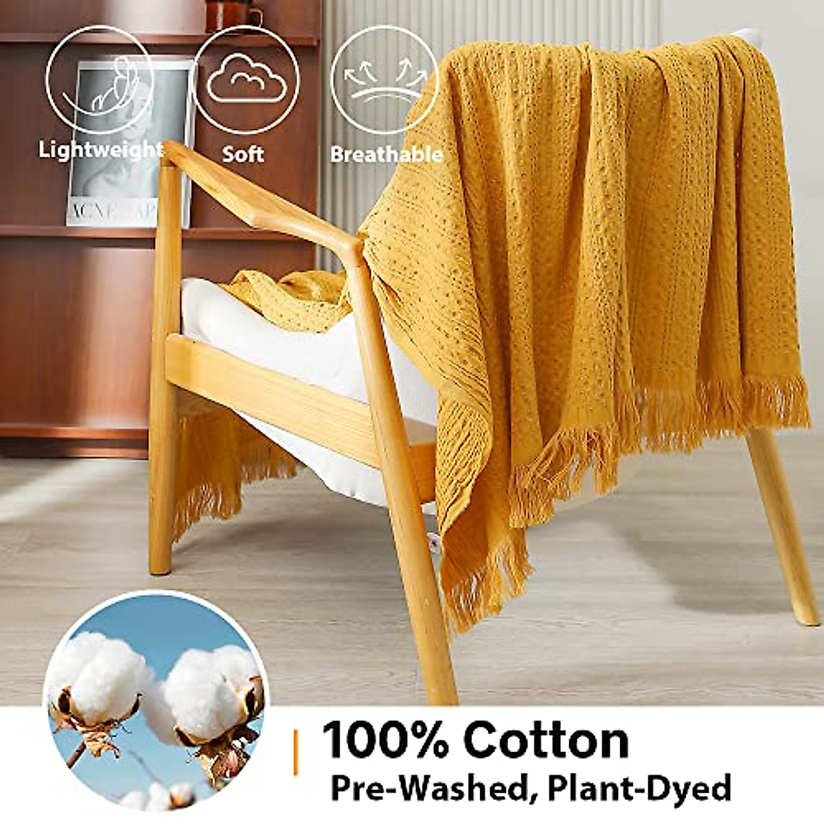 Simple&Opulence 100% Cotton Throw Blanket for Couch, Bed, Waffle Weave Knit Blanket with Tassels, Soft Lightweight Pre-Washed Breathable Cozy Blanket Farmhouse Decoration for All-Season (Gold Yellow)