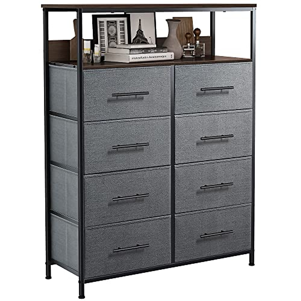 WARM&LOVE 8 Drawer Dresser with 2-Layer Shelf, Chest of Drawers for Bedroom, Closet, Fabric Storage Tower Organizer with Sturdy Metal Frame, Wooden Top, Fabric Dresser for Bedroom