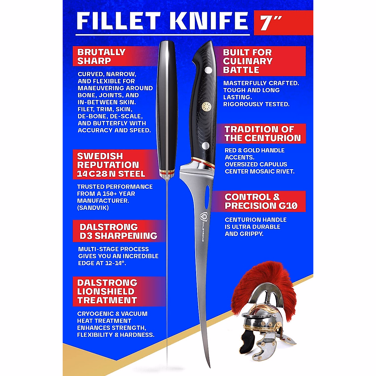 DALSTRONG Fillet Knife - 7 inch - Flexible Kitchen Knife - Centurion Series - Swedish 14C28N High Carbon Stainless Steel - Boning, Trimming, Skinning - Razor Sharp - G10 Handle Boning Knife - w/Sheath