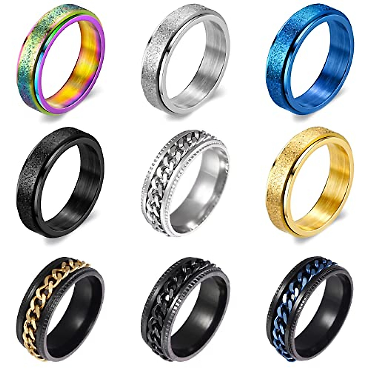 Supra Diamanto 9pcs Spinner Rings for Women Anxiety Relief -Size 7-12 Fidget Rings, Sand Blasted Finished Band Set, Anxiety Ring Spinner Fidget Band Chain Rings for Women Man (A 9, 11)