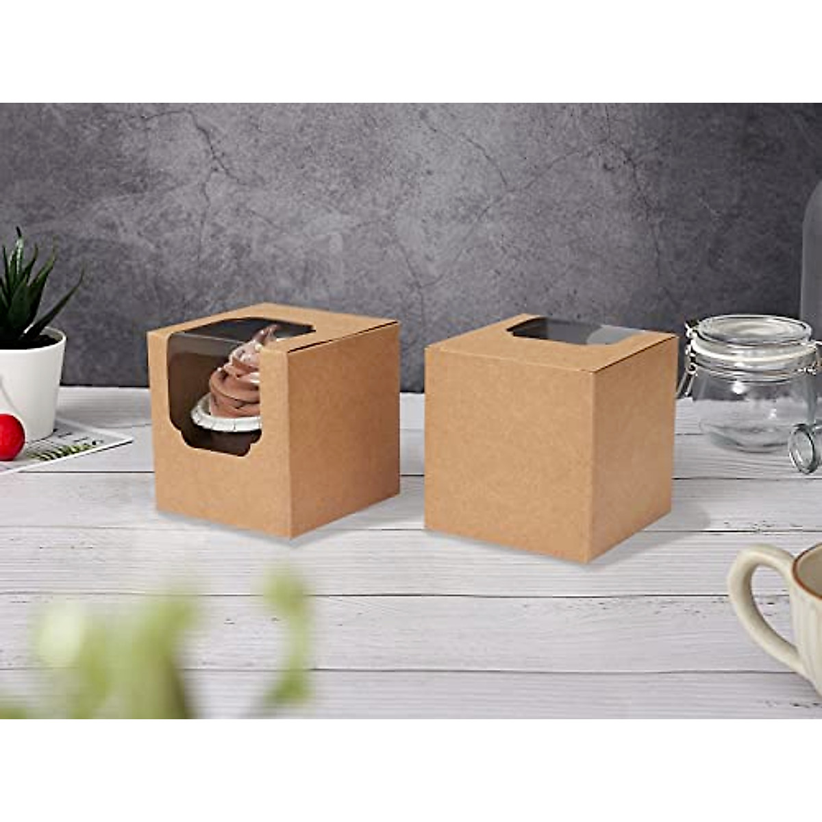 Shallive Kraft Cupcake Boxes Individual 60 Pcs with Inserts, Cocoa Bomb Packaing Single Brown Cupcake Containers Paper 3.5" Holders for Cookies, Pastries,Wedding Baby Shower Birthday Graduation