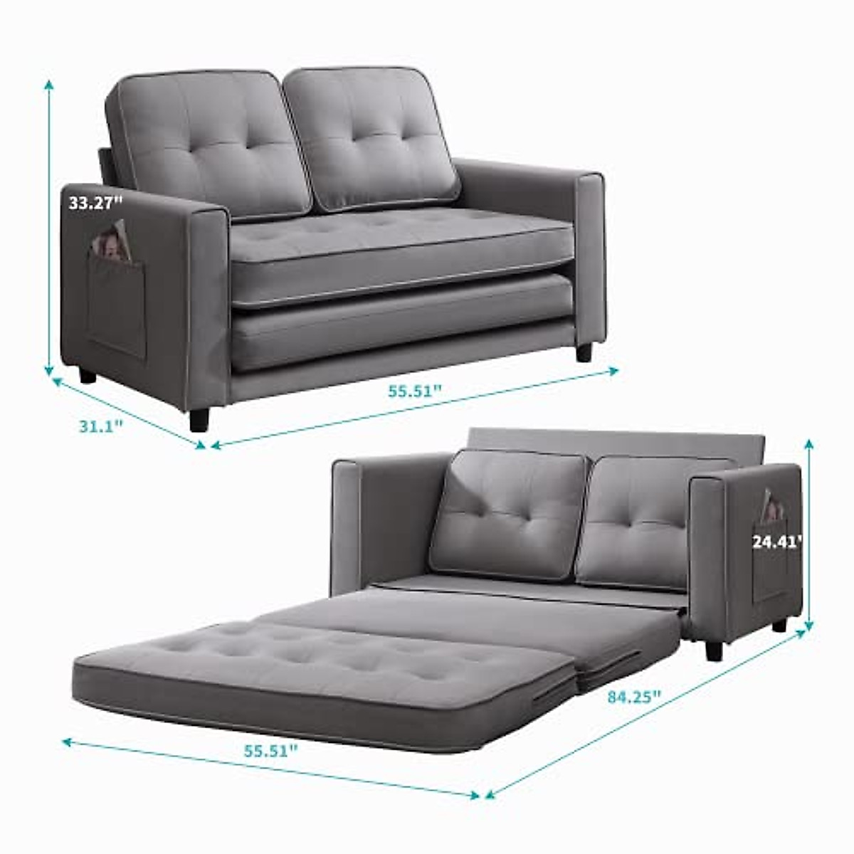 BALUS Convertible 3-in-1 Folding Sofa Bed, Loveseat Sleeper Cot, 84" Tri-Fold Multi-Function Modern Breathable Couch, Folding Mattress for Guests, Futon for Living Room, Floor Sofa Bed(Light Grey)