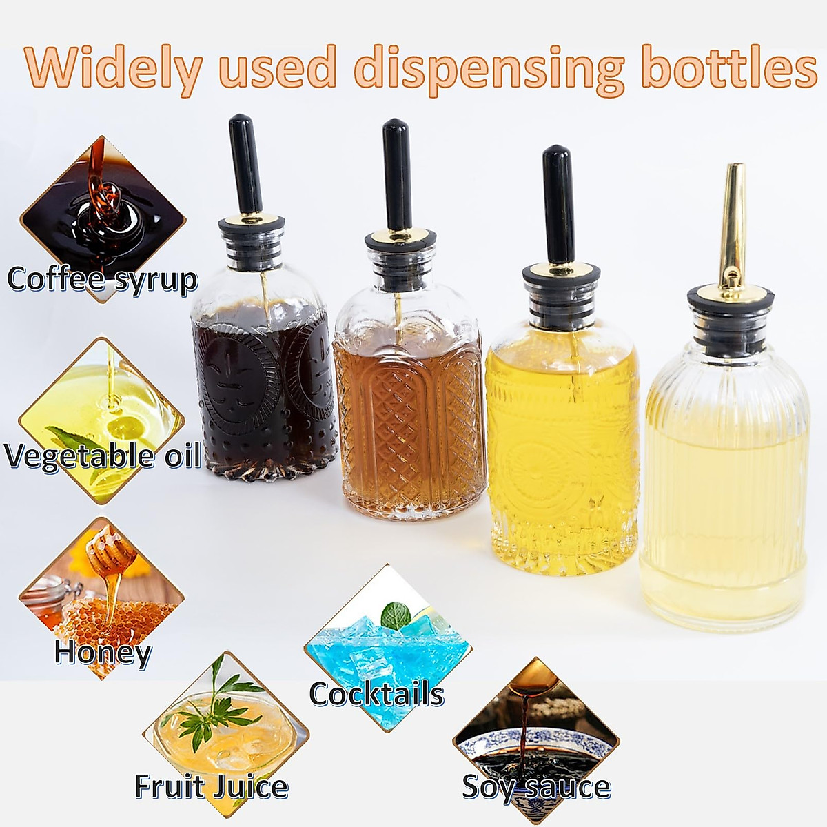 Oudizz 4pcs Syrup Dispenser Bottles for Coffee Bar, 7oz Simple Glass Syrup Bottle Set with Metal Pour Spout Ideal and labels for Syrups