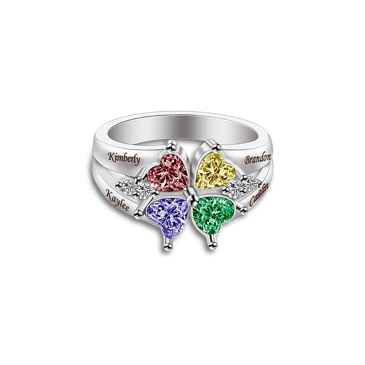 AGISLONE Custom Name Ring for Women Personalized Mom Family Rings with Heart Birthstones for Mother Grandmother Wife (4 stone)