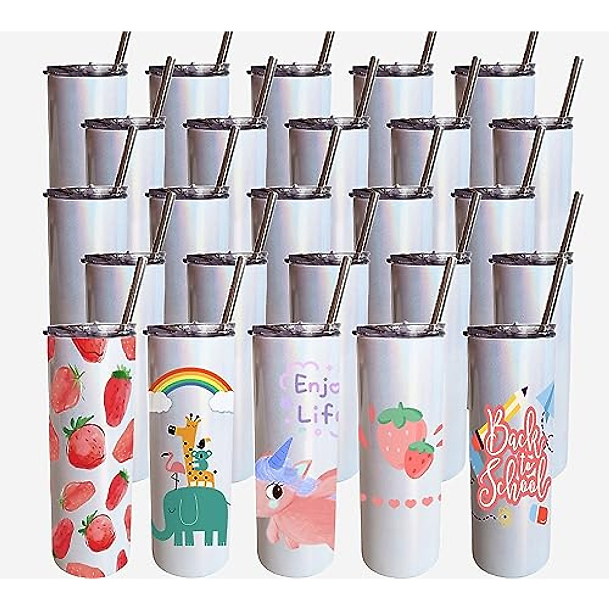 POVOKICI 25 Pack 20oz Sublimation Glitter Tumblers, Straight Skinny Sparkling Tumblers Bulk, White Rainbow Stainless Steel Vacuum Blanks Coffee Tumblers