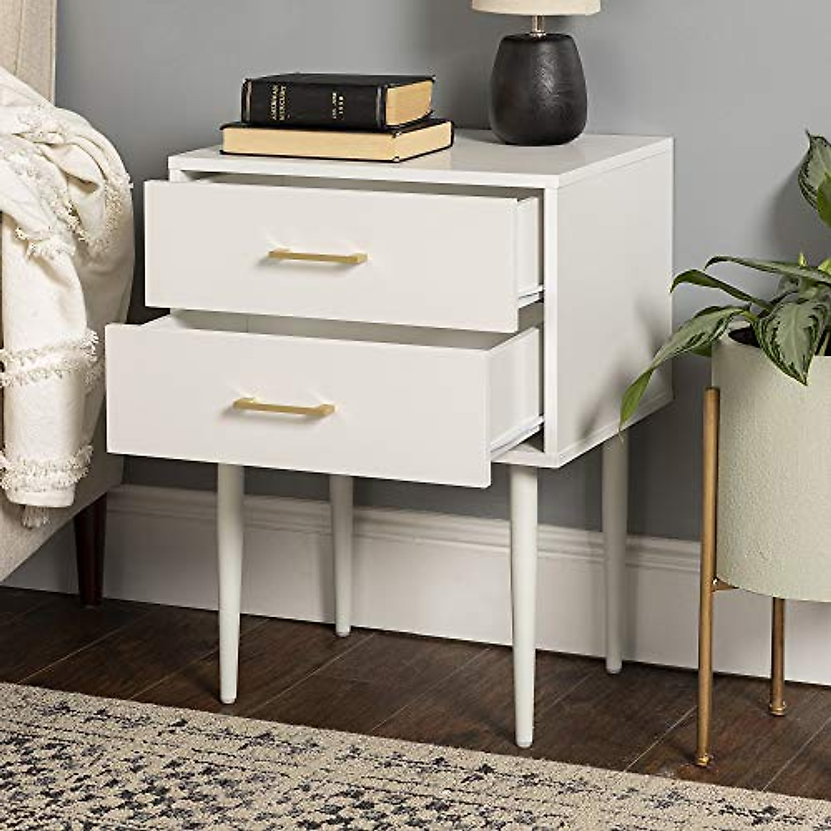 Walker Edison Evie Mid-Century Modern 2-Drawer Side Table Set, 2 Pack, White