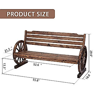 Kinsunny Wooden Wagon Wheel Bench Yard Decorative 3-Person Fir Wood Seat Bench with Backrest Rustic Style for Bench Patio Garden