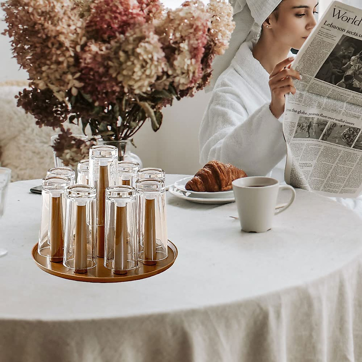 luckymeet Cup Drying Rack with Drain Tray,Drinking Glass and Sports Bottle Drainer Stand,Plastic Mug Tree Cup Stand Tray Holder for Kitchen, Brown