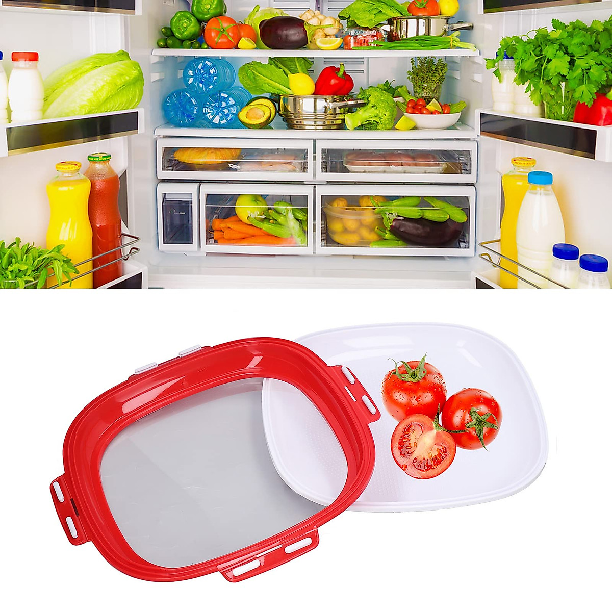 Food Preservation Trays, Food Grade TPU Plastic Wrap, Reusable Food Storage Container Stackable Fridge Organizer Case for Kitchen(Red)