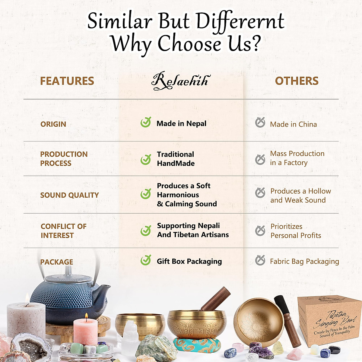 Relaehih Tibetan Singing Bowls Set-Hand-hammered in Nepal Sound Bowl for Meditation, Yoga, Chakra, Meditation Accessories, Unique Gifts for Women, Men (Yellow, 4 inch)