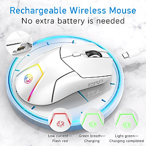 FMOUSE Wireless Gaming Mouse, 4000 DPI, USB C Rechargeable, Ergonomic Responsive Bluetooth Mice with Forward/Backward Side Keys, for Computer/Laptop (White)