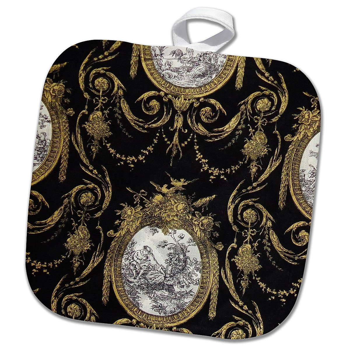 3dRose Pot Holder French toile Gold and Black, 8 by 8"