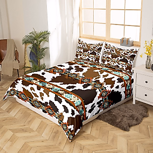 Erosebridal Cowhide Comforter Cover Brown Highland Cow Print Duvet Cover,Western Bedding Sets Queen Exotic Aztec Bed Set,Farmhouse Wild Animals Longhorn Skin Room Decor Cowboys Gifts for Men