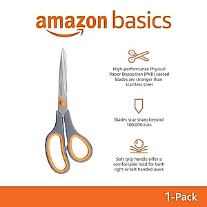 Amazon Basics Scissors for Office, Crafts, Multipurpose, Sharp, Comfort Grip, PVD Coated, Stainless Steel, Grey, 1 Pack