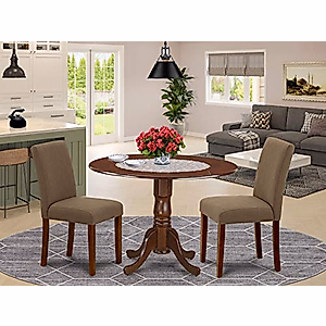 East West Furniture DLAB3-MAH-18 3 Piece Dining Set Contains a Round Dining Room Table with Dropleaf and 2 Coffee Linen Fabric Upholstered Parson Chairs, 42x42 Inch, Mahogany