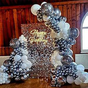 White and Silver Disco Ball Balloon Garland Arch Kit 135pcs Metallic Silver Matte White Balloon with 4D Disco Ball and Starburst Foil Balloon for Anniersary Disco Birthday Party Decoration
