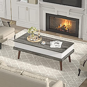 Aheaplus Lift Top Coffee Table with Storage, 43.3" Modern Center Table Lift Tabletop Wood Dining Table Pop Up Table with Open Compartment for Living Room, Home Office, Black Oak and White