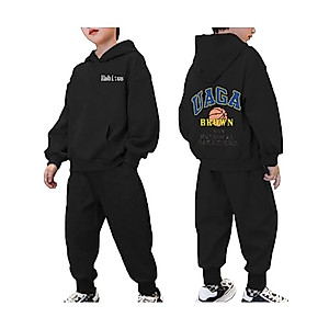 Doomiva Boys Athletic Sweatshirt Hoodie Tracksuit Kids Hooded Tee Shirts and Running Pants Sweatpants with Pockets Set Black 7-8 Years