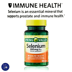Selenium Immune Health Dietary Supplement Tablets Spring Valley, 200 mcg, 100 Count and Bookmark Gift of YOLOMOLO