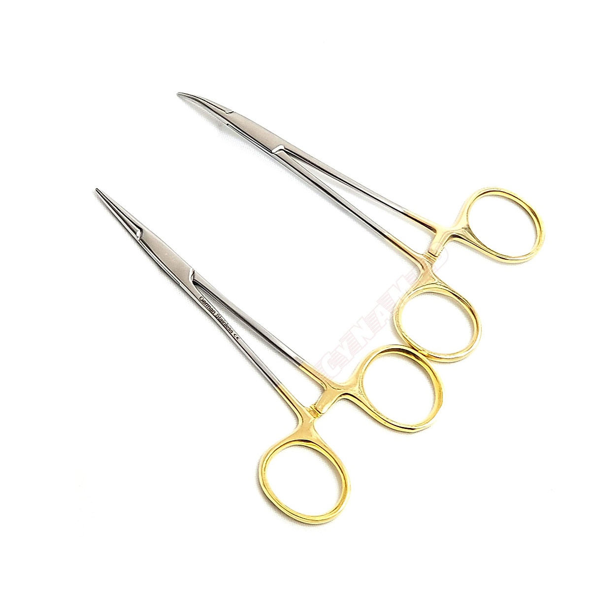 Premium German Stainless- Set of 2 PCS Gold Handle Mosquito Locking HEMOSTAT Forceps Straight + Curved 5"-Cynamed