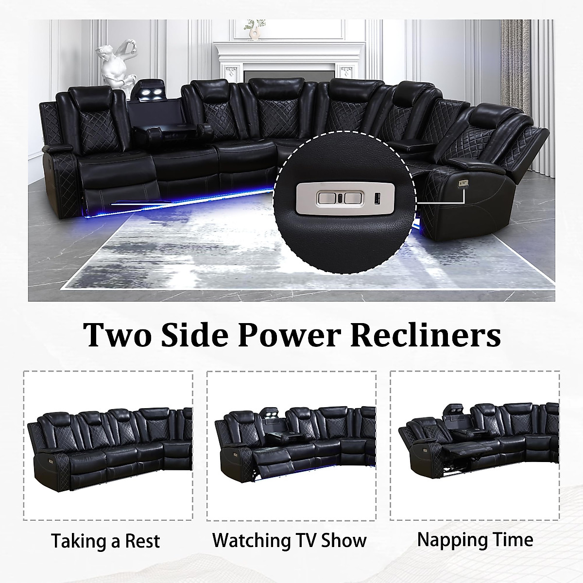 Power Recliner Sectional Sofa with LED, Breathing Leather Power Reclining Sofa Set, Sectional Reclining Couch with USB Port/Cup Holder/Storage for Living Room (Black)
