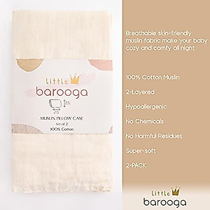 Barooga Toddler Pillowcase, 14"x19", 2 Pack, Muslin Baby Pillow Cases, 100% Cotton, Fits Pillows Sized 12"x16", 13"x18", or 14"x19", Envelope Closure Pillow Cover for Girls and Boys (Cream)