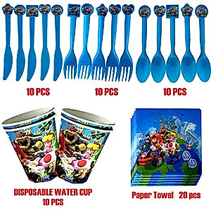 Super Mario Party Favor Party Decorations, Super Mario party Themed Flatware, Banner, Balloons, Plates, Spoons, Fork, knives, Napkins, Cake Toppers, Paper cups, Straws, Tablecloth Party Supplies Kids Boys and Baby Shower Themed Birthday Party Supplies, Su