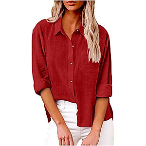 SMIDOW Womens Button Down Cotton Linen Shirts V Neck Roll Up Short|Long Sleeve Blouses Loose Collared Shirt Casual Work Tops