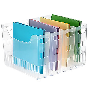 BTSKY 4 Pack Scrapbook Paper Storage Box with Wheels, Plastic Storage Organizer for 12" x 12" Scrapbook Papers, Portable File Organizer with Built-in Handle, Functional Magazine Holder Paper Rack