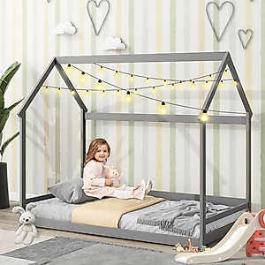 LostCat Twin House Shaped Floor Bed with 2 Detachable Storage Shelves, House Shaped Twin Bed Frame with Roof, Wood Montessori Floor Bed with Clothes Drying Rack, Floor Bed Frame for Kids, Grey