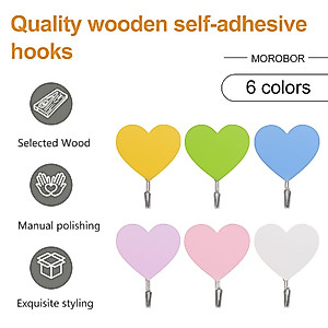 MOROBOR Wood Heart-Shaped Self-Adhesive Hooks, 6pcs Strong Self-Adhesive Wall Hooks for Bathroom Kitchen Office/Mixed Color