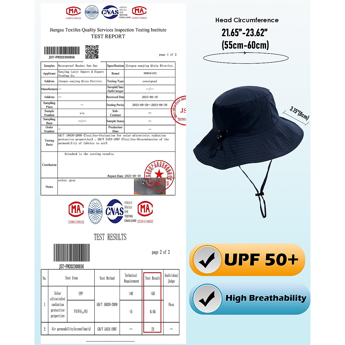 Waterproof Sun UPF 50+ Bucket Hat UV Protection Packable Brimmed Boonie for Women Men Summer Lightweight Hiking Outdoor Cap Navy Blue