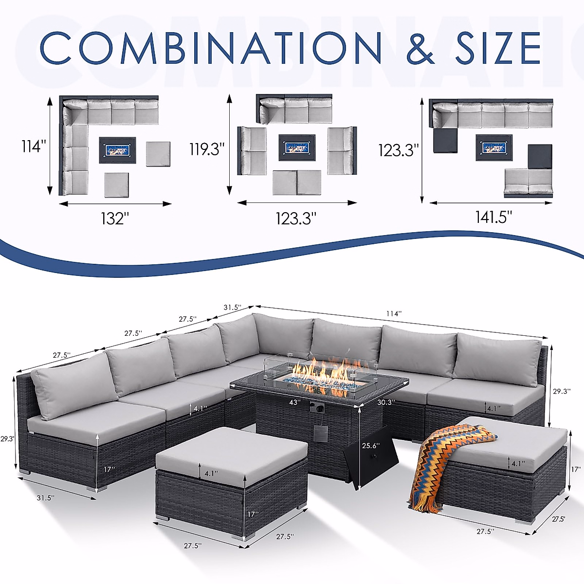 NICESOUL 10 Piece Modern Outdoor Patio Furniture Set with Firepit Natural Gas Propane Convertible, 29.3'' High Back Extra Large Size Wicker Conversation, Deep Wide Comfortable Couch for Outside, Grey