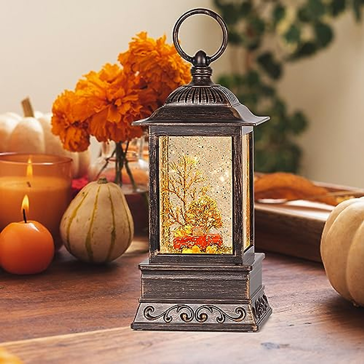Red Truck Snow Globe Fall Decorations for Home, Thanksgiving Glittering Lighted Lantern Autumn Harvest Decor