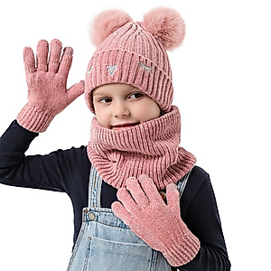 MAYLISACC Toddler Gloves Girl Hats and Gloves Set Kids 3 Pack Toddler Hat and Gloves Winter Warm Pom Beanie Hat Fleece Lined Neck Warmer Gloves Set Girls Hat Scarf and Glove set Scarfs for Girls Pink
