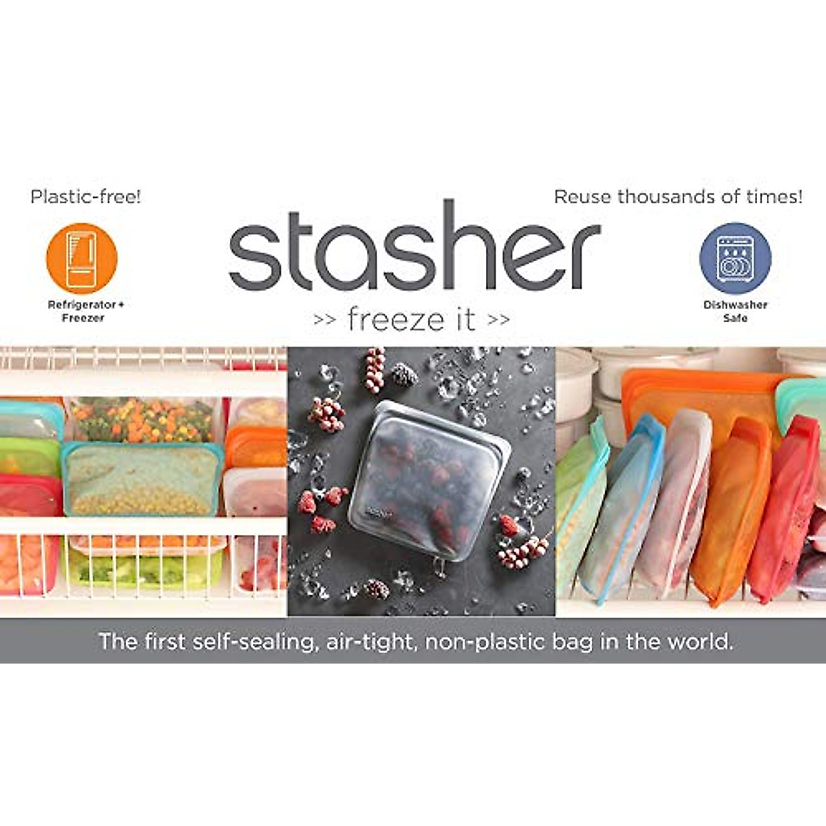 Stasher Re-Usable Food-Grade Platinum Silicone Stand Up Bag for Eating from/Cooking, Freezing and Storing in/Organising/Travelling, 17.80 x 20.30 cm/1.65 Litre/56 Fluid Ounces, Clear