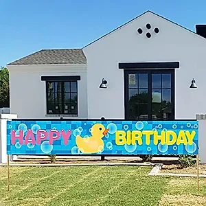 Cute Cartoon Little Yellow Duck Happy Birthday Banner Backdrop Animal Theme Decor Decorations for Yard Sign Gender Reveal Ducky Duck Bday 1st Birthday Party Supplies Background Photo Booth Props Gift