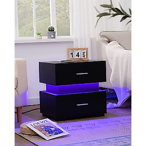 WEENFON Night Stands, LED nightstand with Charging Station, Bedside Table with 2 Wider and Deeper Drawers, Nightstand, Modern Design, End Side Table, Black