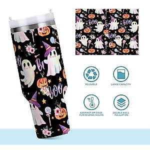 ODAWA Large Cute Halloween Specter Insulated Water Tumbler with Handle and Straw Lid, 2 in 1 Lid Steel Insulated Tumbler