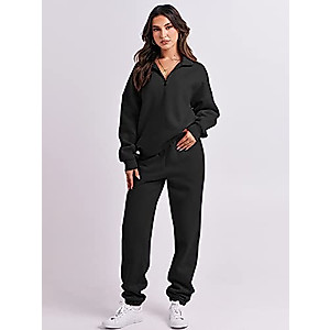 ANRABESS Women's Oversized Long Sleeve Lounge Sets Casual Top and Pants 2 Piece Outfits Sweatsuit with Pockets Black Ci776-hei-S